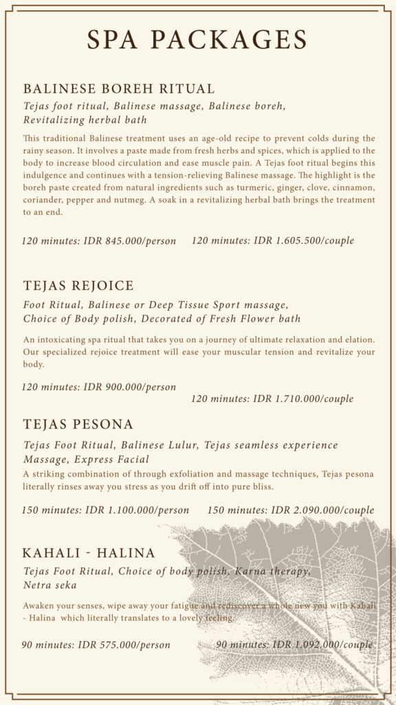 Menu Tejas Adiwana Resort Jembawan - Tejas Spa