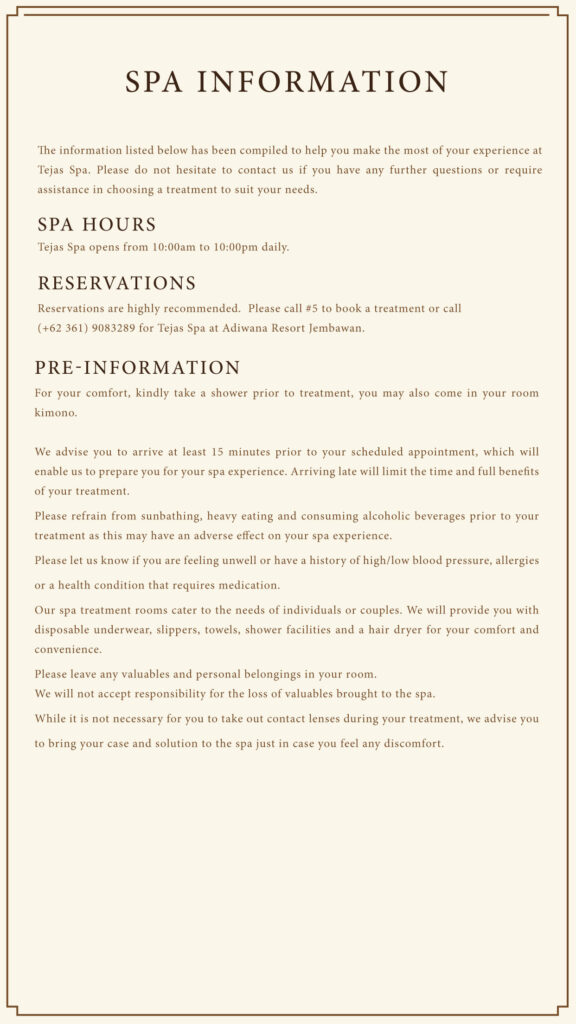 Menu Tejas Adiwana Resort Jembawan - Tejas Spa